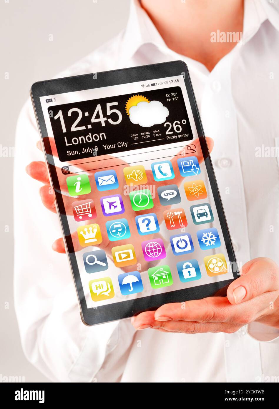 Tablet with transparent screen in human hands Stock Photo - Alamy