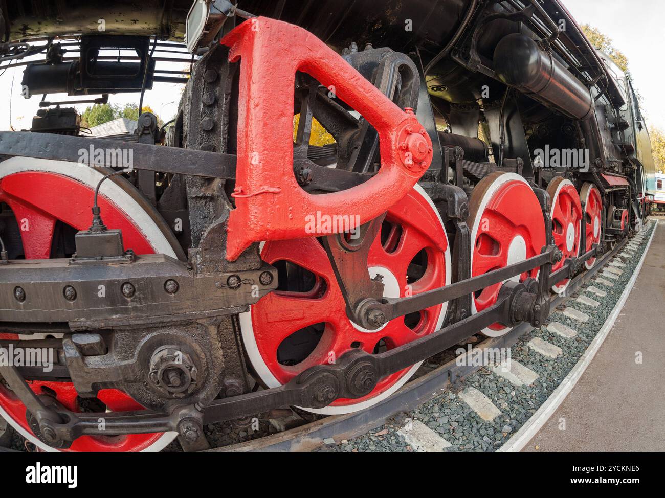 Old steam locomotive engine wheel and rods details Stock Photo - Alamy