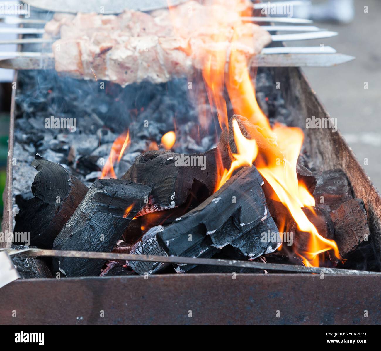 Traditional preparation of a shish kebab on fire closeup Stock Photo ...