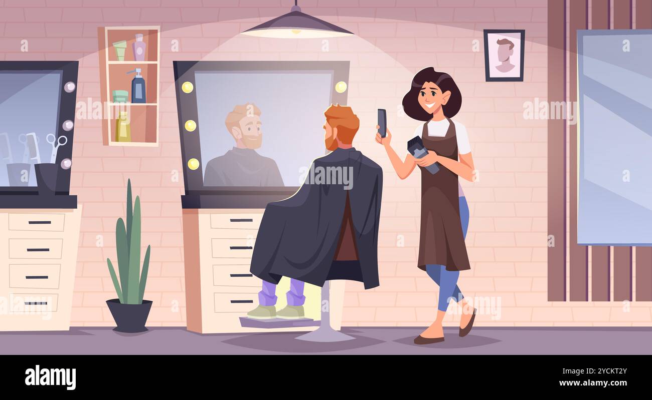 Barbershop. Interior of beauty salon haircut service exact vector ...