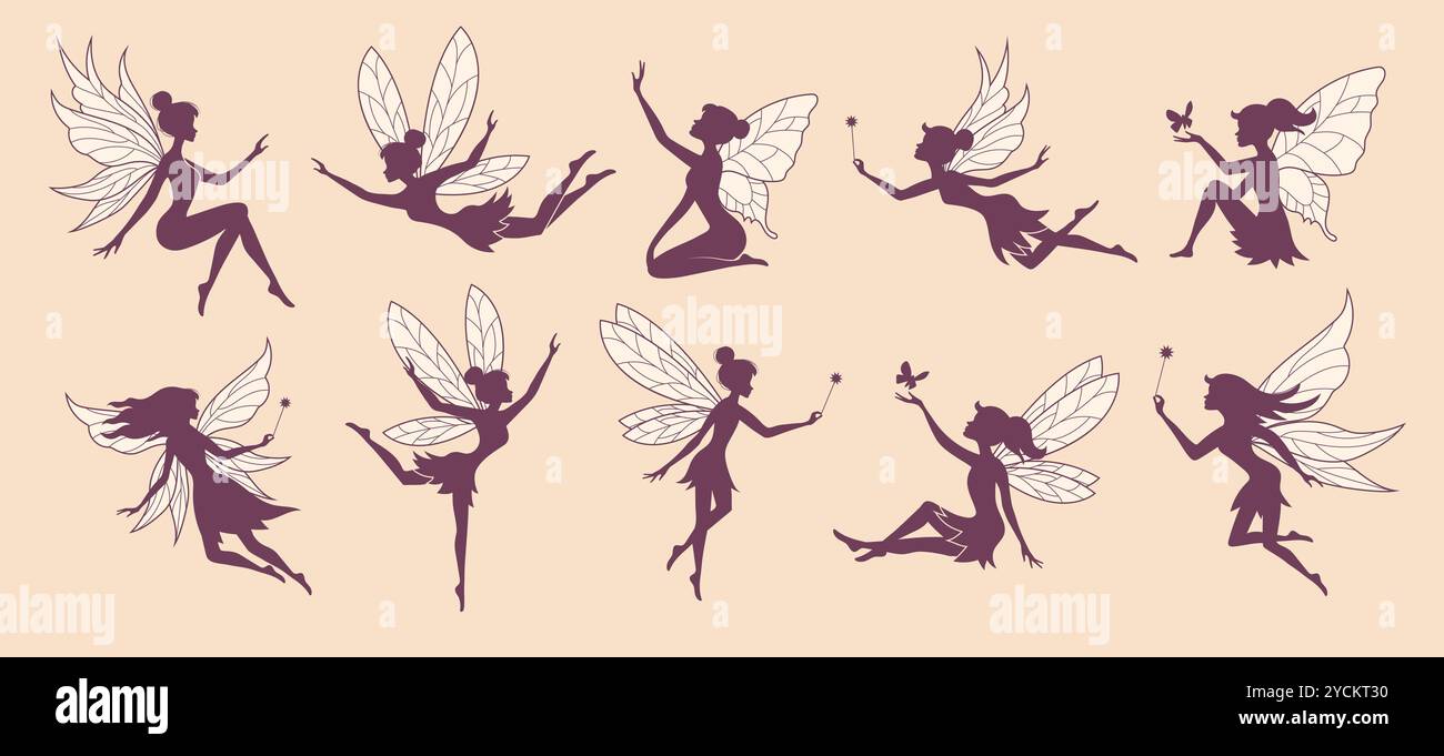 Fairy silhouettes. Fantasy female flying beauty characters with wings ...