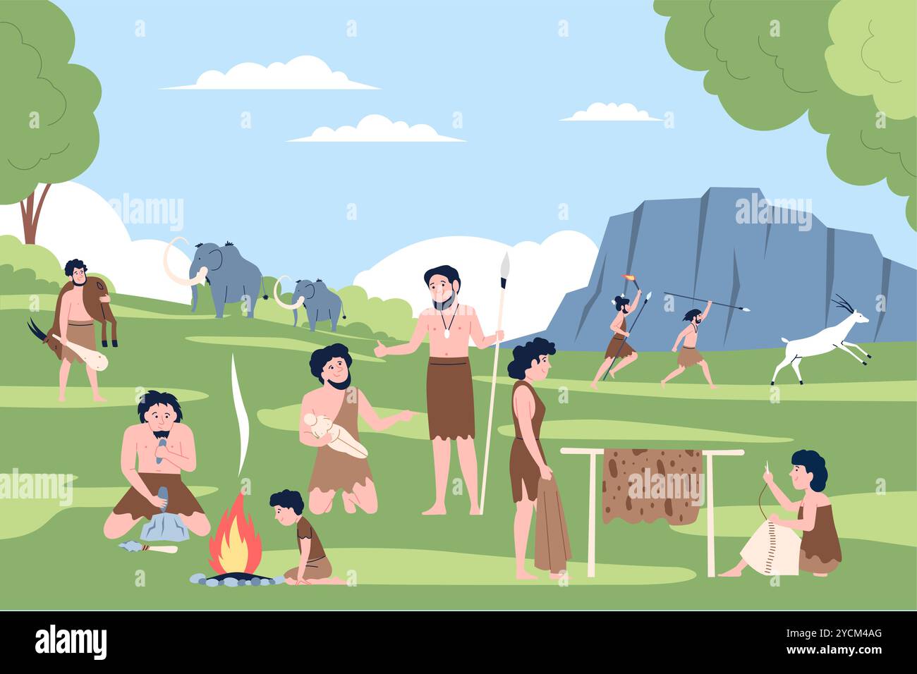 Primitive people life. Prehistoric daily lifestyle scene with hunting ...