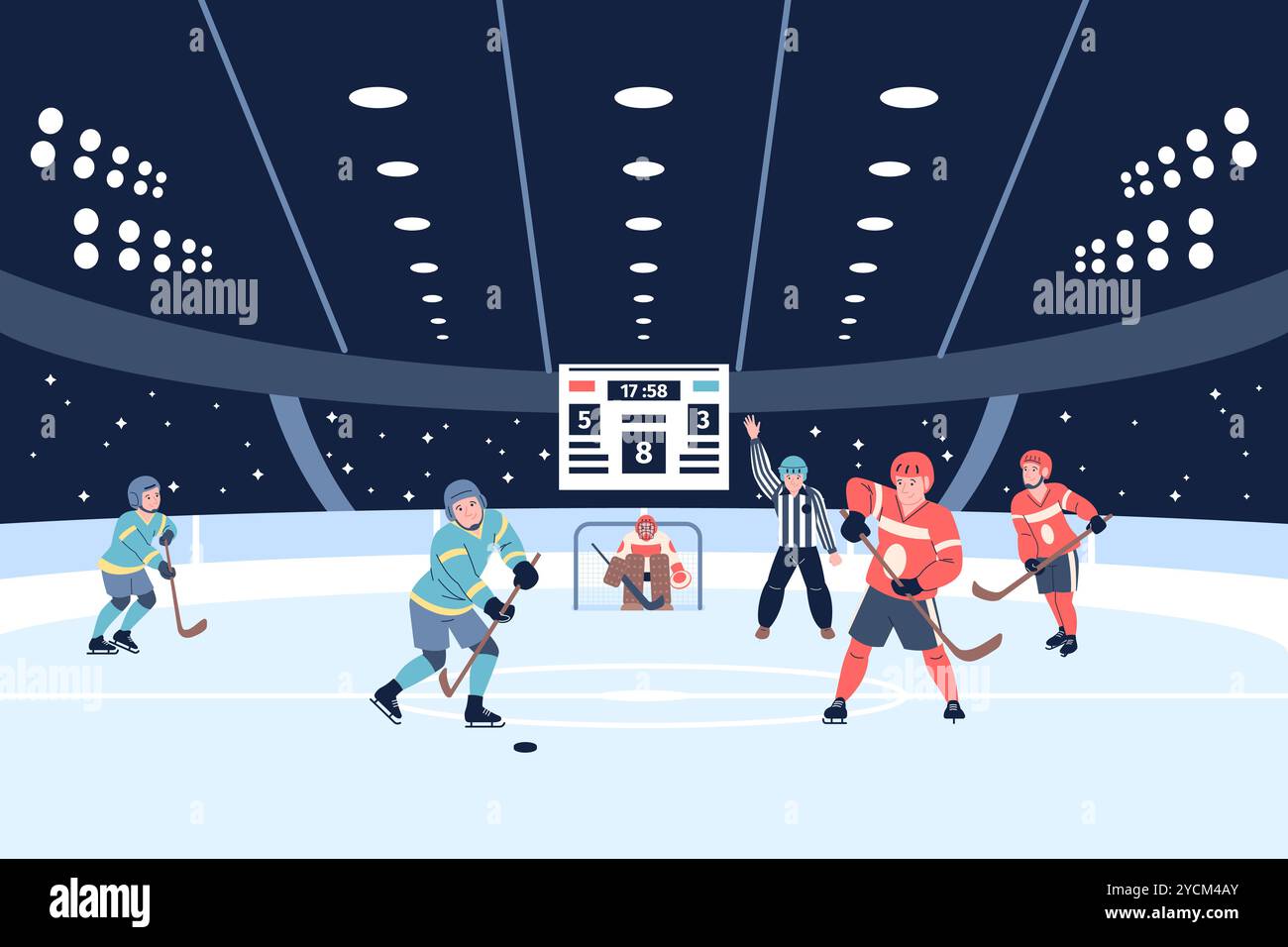 Ice hockey game on stadium. Hockey players in uniform helmets with ...