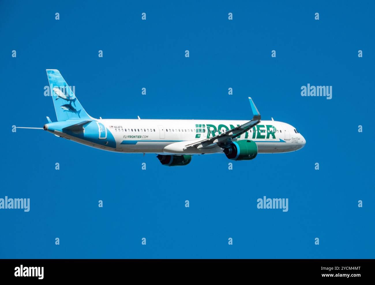Closeup of a Frontier Airlines Airbus A321 commercial aircraft in level ...