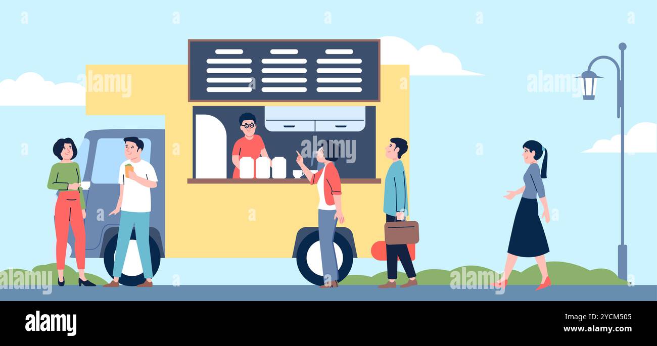 Waiting line to coffee truck. People eating and drink coffee tea hot ...