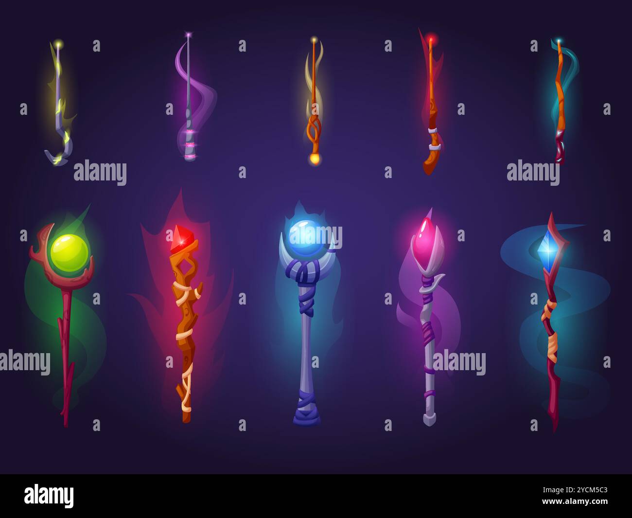 Wizard staff and wand. Magic wands with light effects, decorated of ...