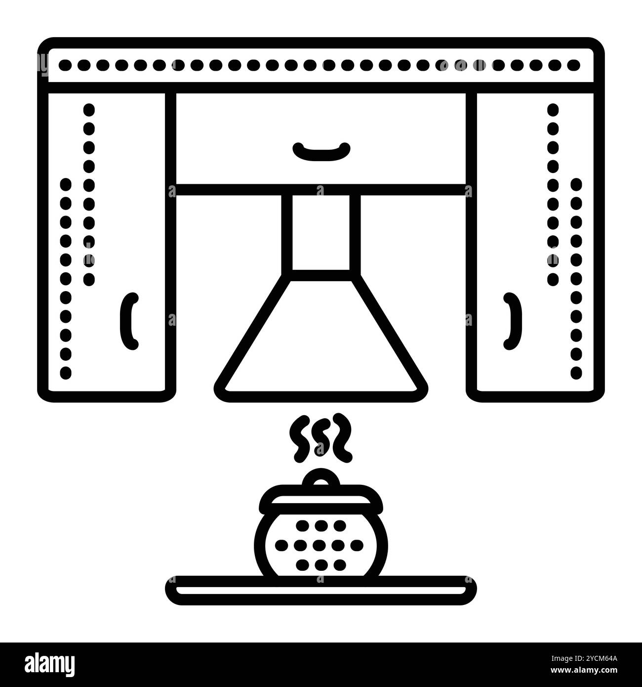 Hood, kitchen cabinets and hob, vector black line illustration, outline ...
