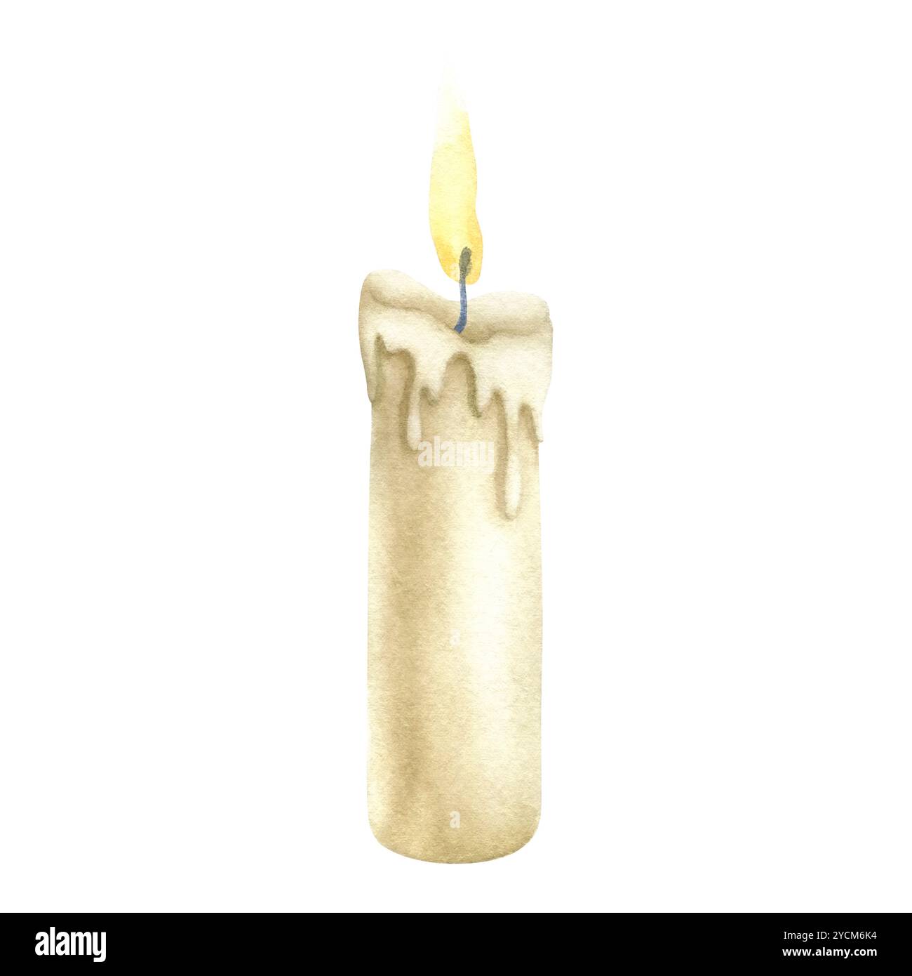 Candle with burning flame with melted paraffin drips. Hand drawn ...