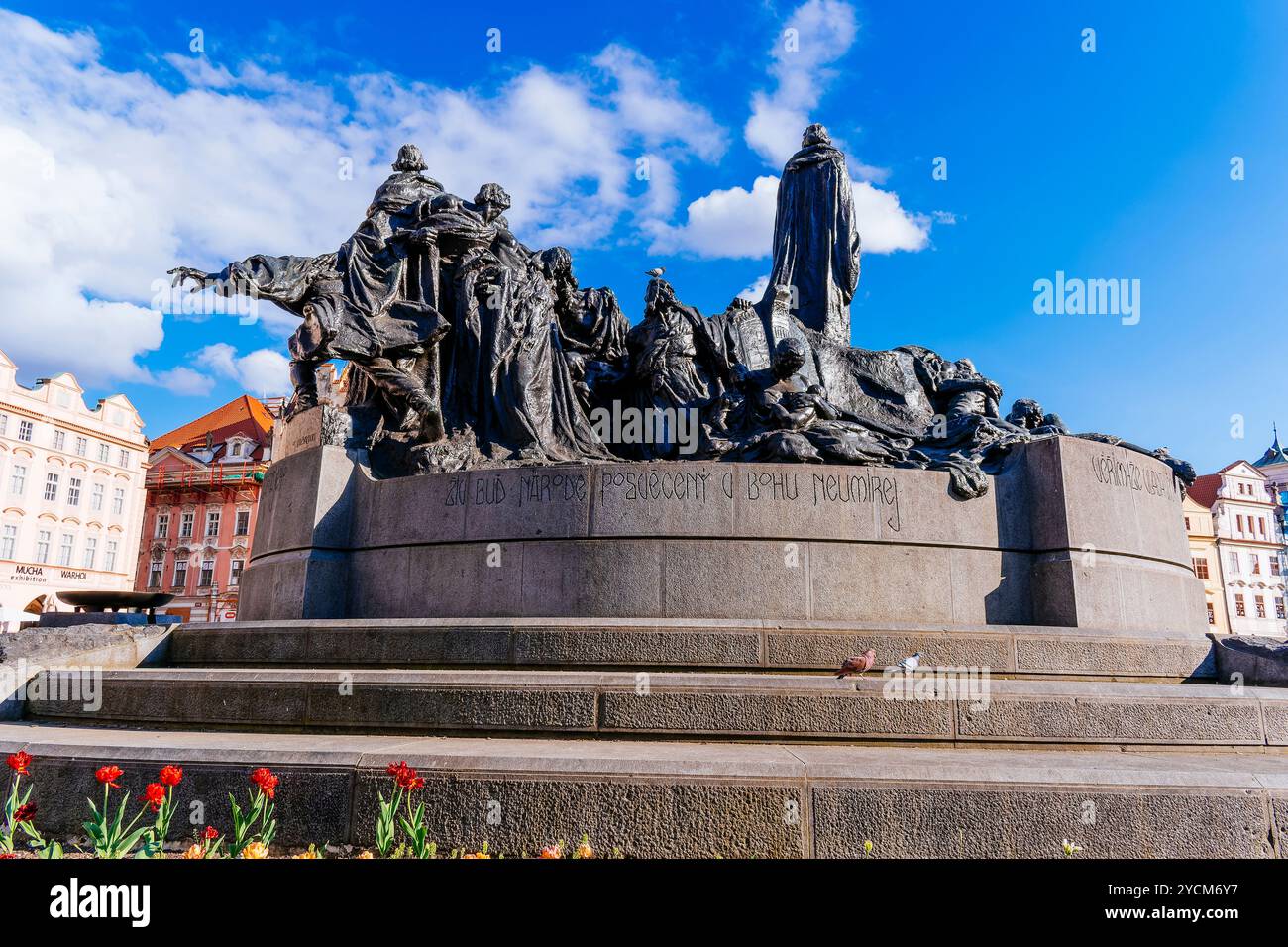 The Jan Hus Memorial stands at one end of Old Town Square. The huge ...