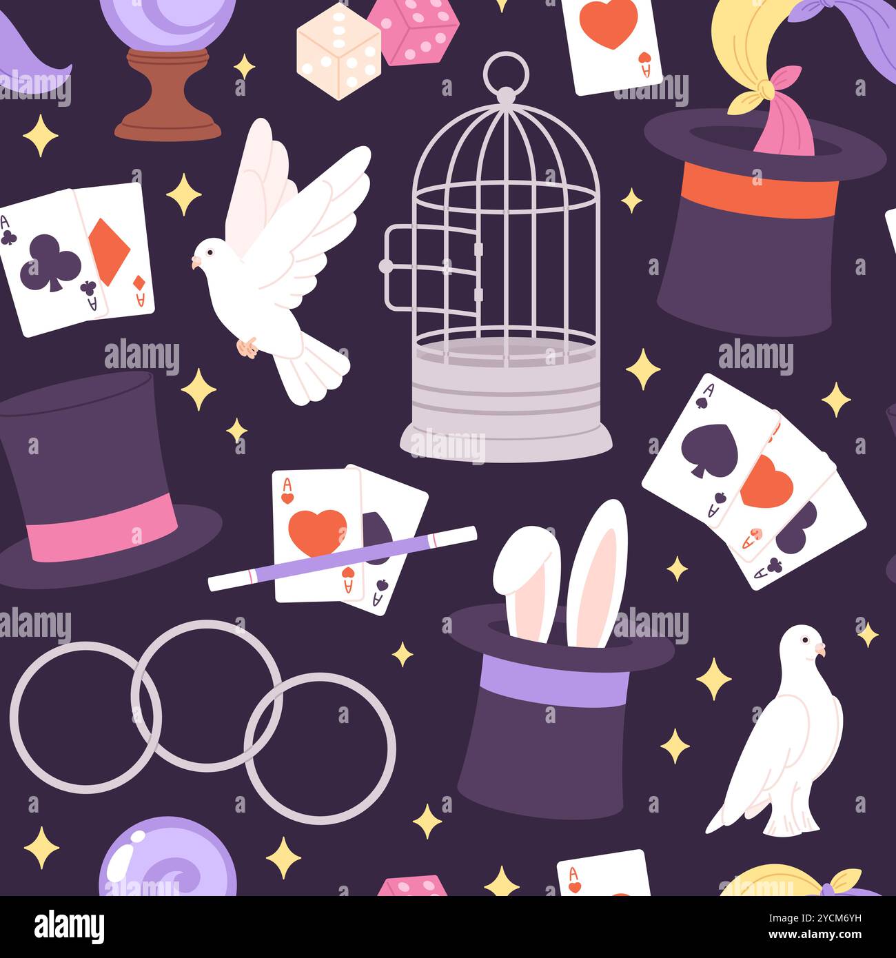 Magician seamless pattern. Magic illusionist show elements, doves cage ...