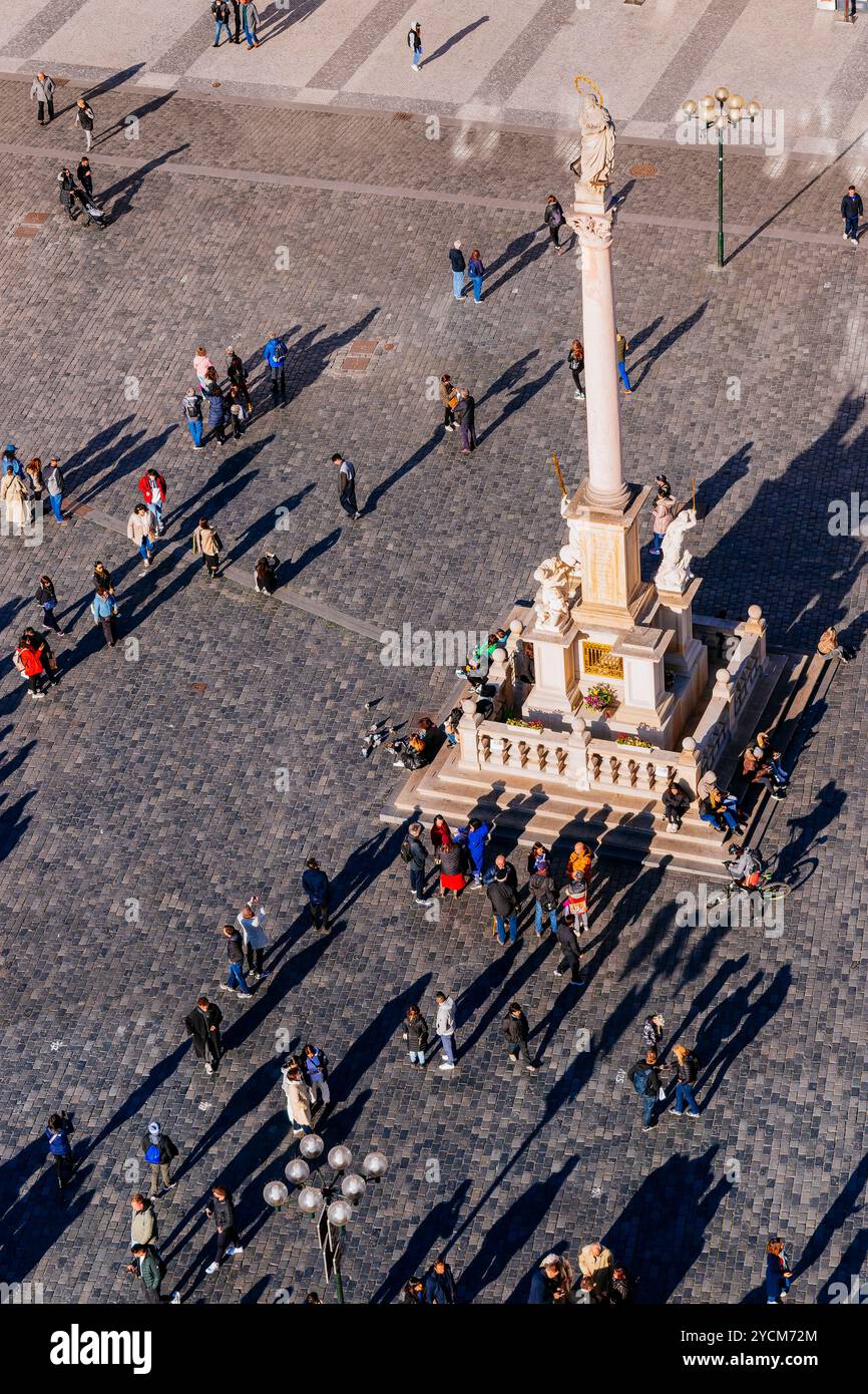Aerial view. The Marian column, Mariánský sloup, of Prague is a ...