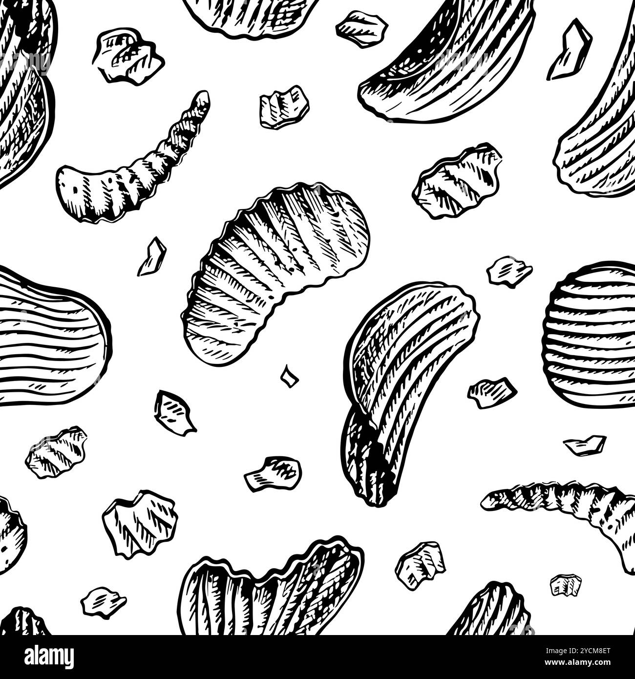 Seamless pattern with potato chips. Vector graphics with images of flat corrugated chips. Hand ...