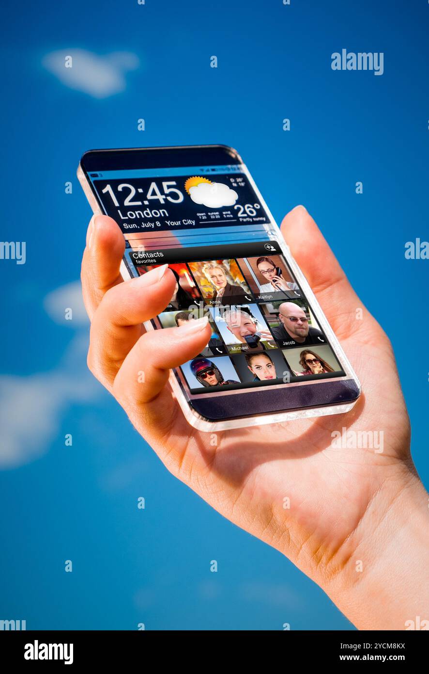 Smartphone (phablet) with a transparent display in human hands. Concept ...
