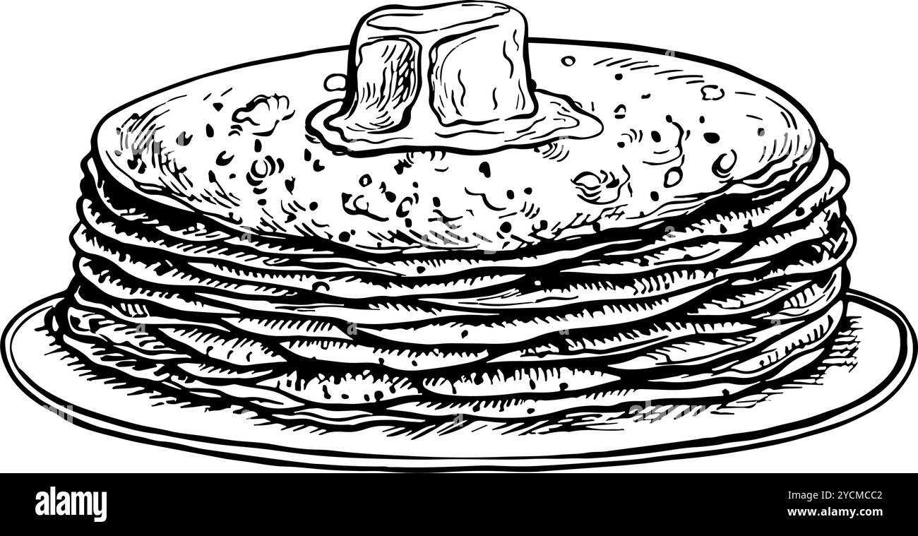 Pancakes on a plate with butter. Vector graphic drawing of pancakes ...