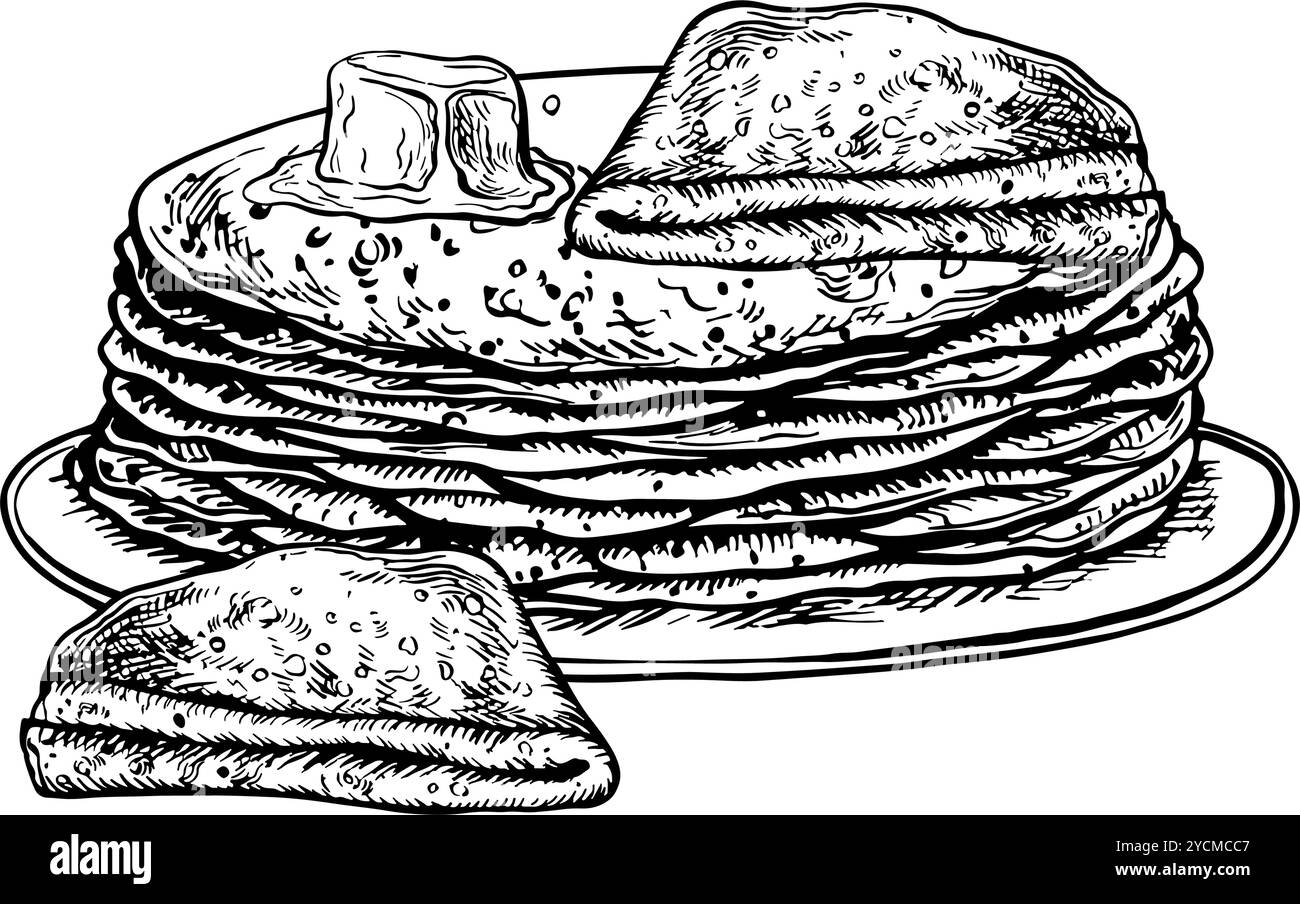 Pancakes on a plate. Vector graphic drawing of pancakes. A black and ...