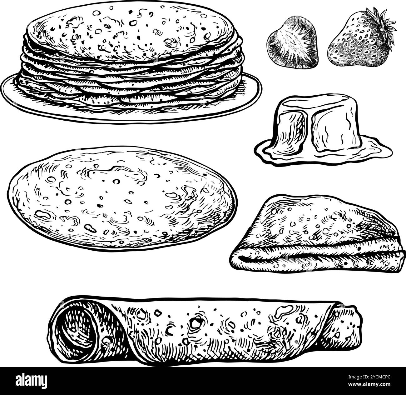 Clip art with pancakes. Vector graphic set of drawings with pancakes ...