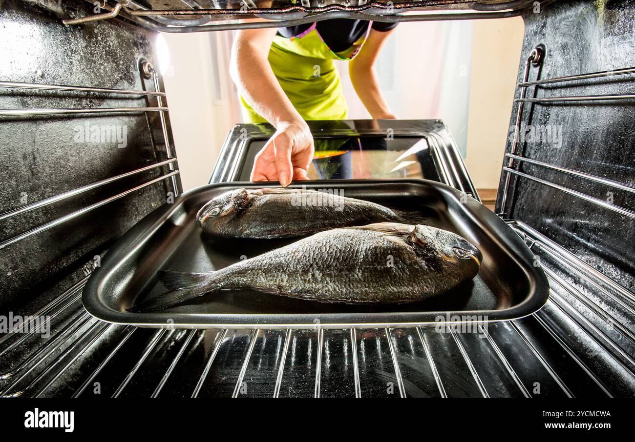 Cooking Dorado fish in the oven Stock Photo - Alamy
