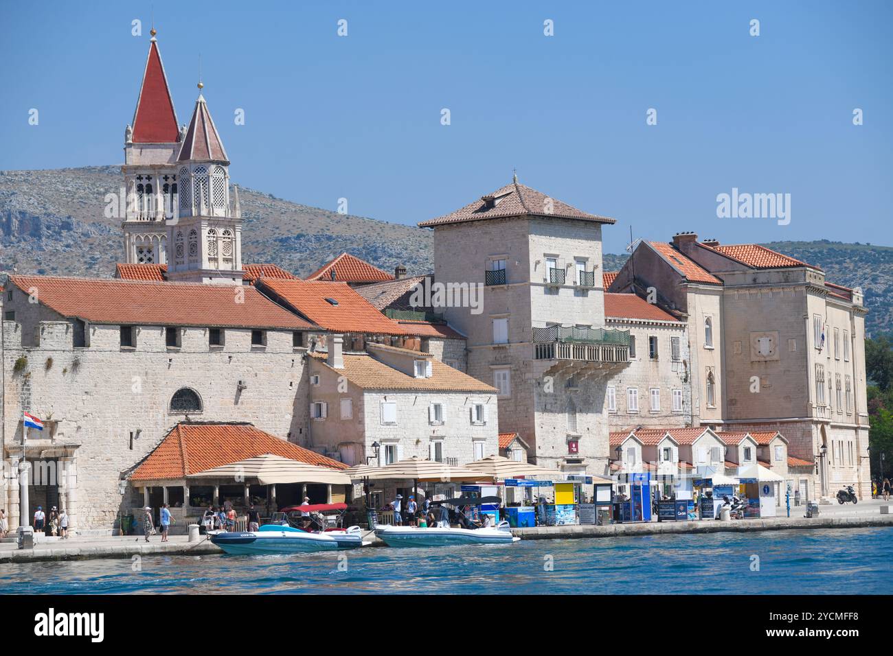 Trogir skyline: waterfront and Cathedral bell tower. Croatia Stock ...