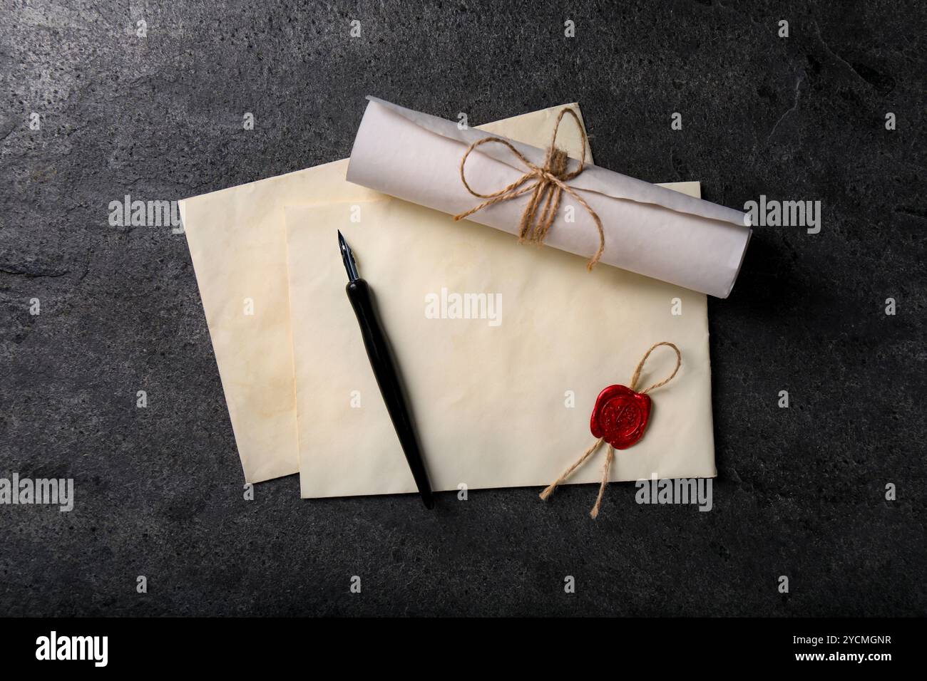 Old letters and fountain pen on grey table, top view Stock Photo - Alamy