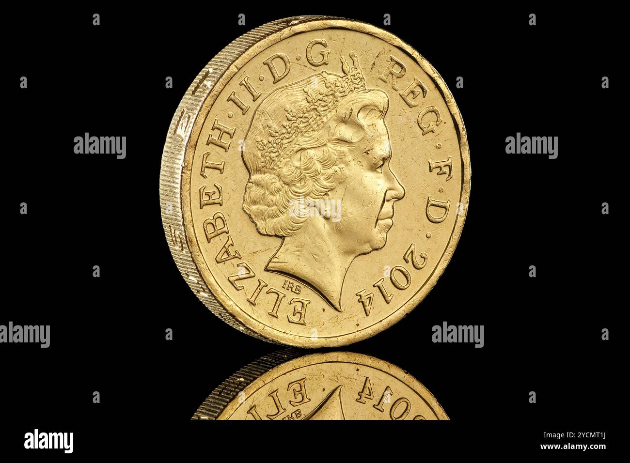 Front (obverse) side of a 2014 £1 coin featuring the 4th coin portrait ...