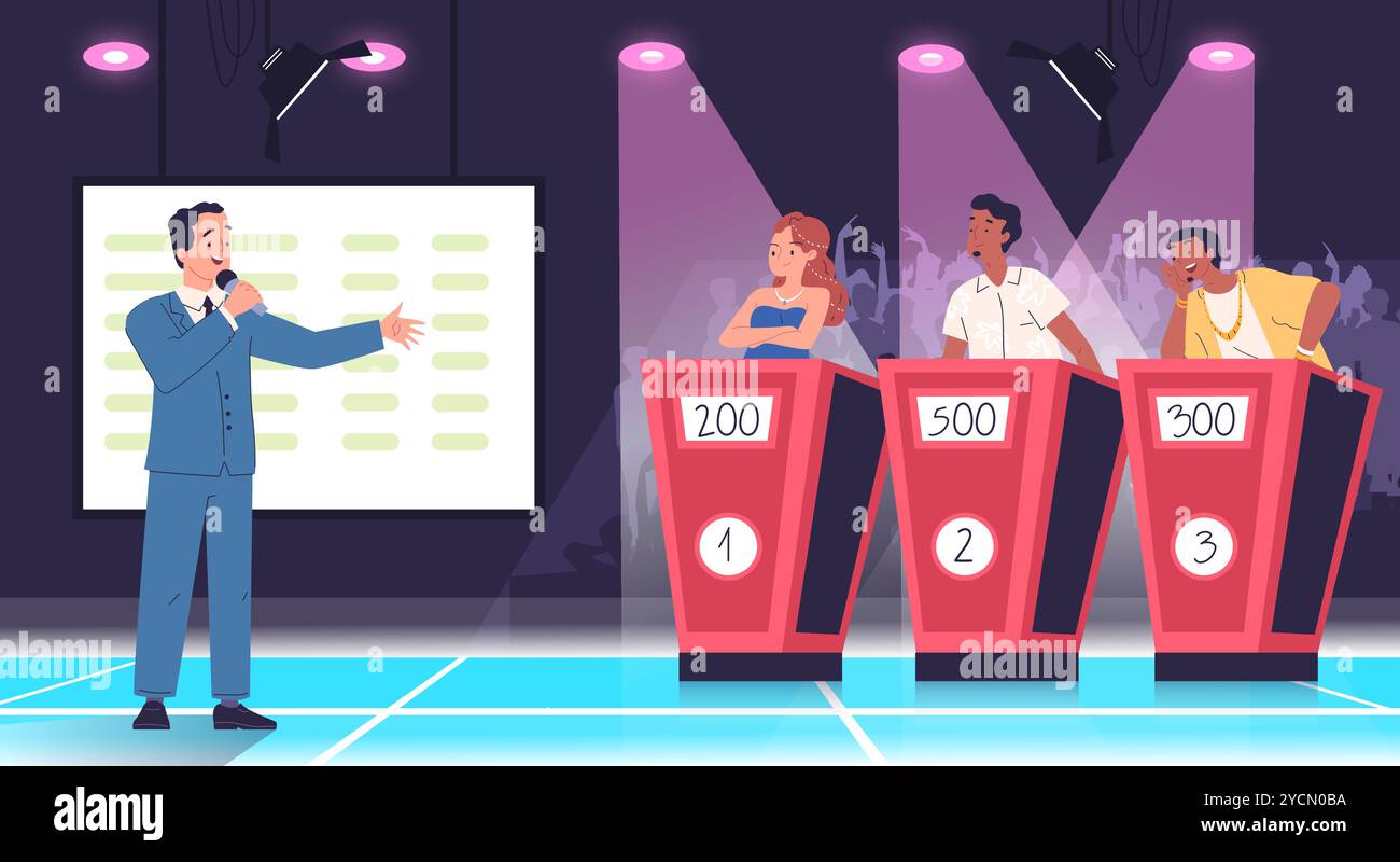 Game quiz show. People contest television game players, man and woman ...