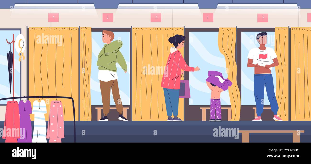 Fashion fitting room. People choose and trying apparel mirror in ...