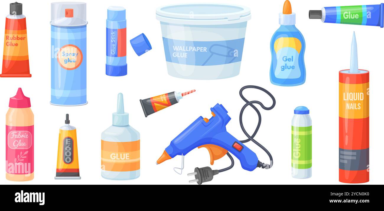 Glue containers. Super glues products in plastic bottle tubes pack, school adhesive stick ...