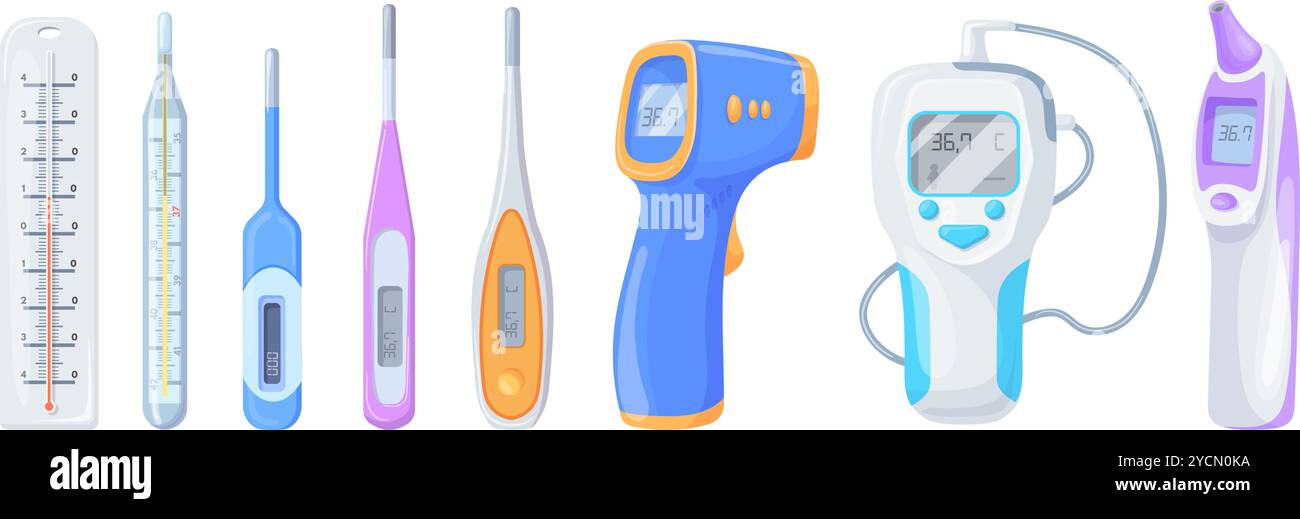 Cartoon thermometers. Clinical digital electronic and mercury thermometer, medical or indoor ...