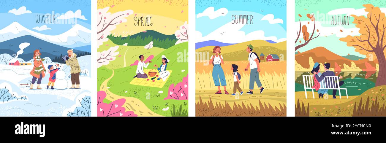 Four seasons walk. Family couple walking city park nature different ...