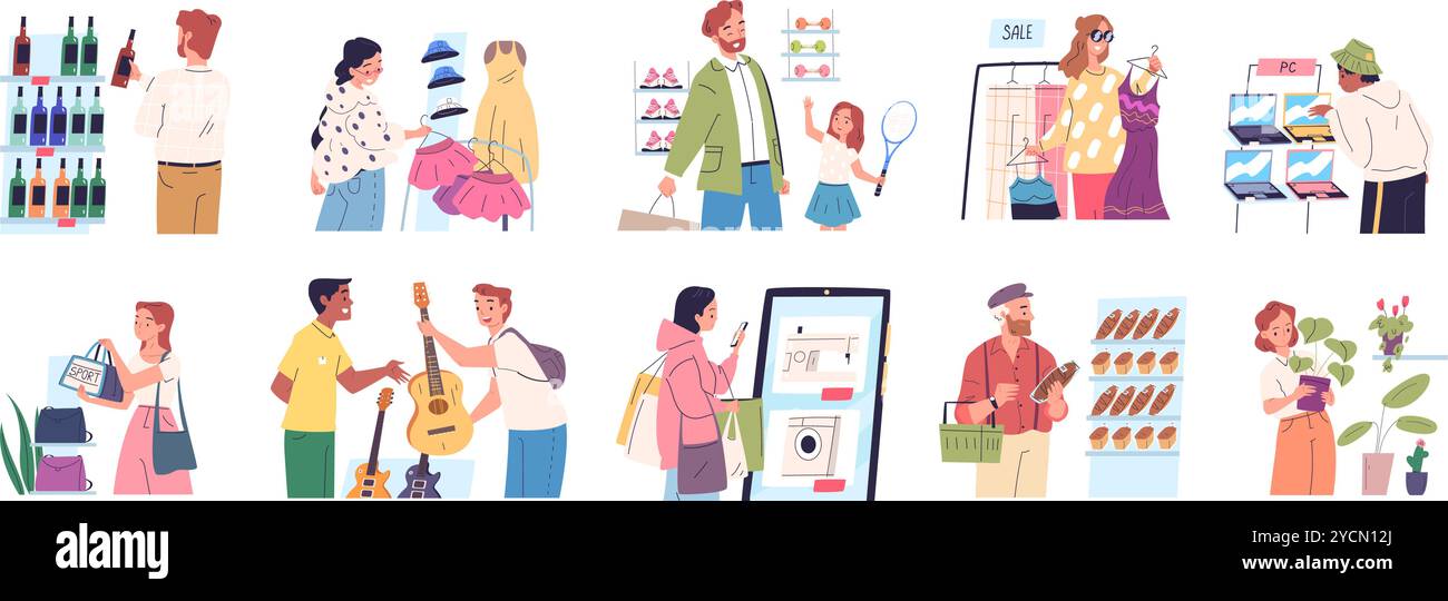 People purchase goods. Consumers choosing buy product, buyer enjoying ...