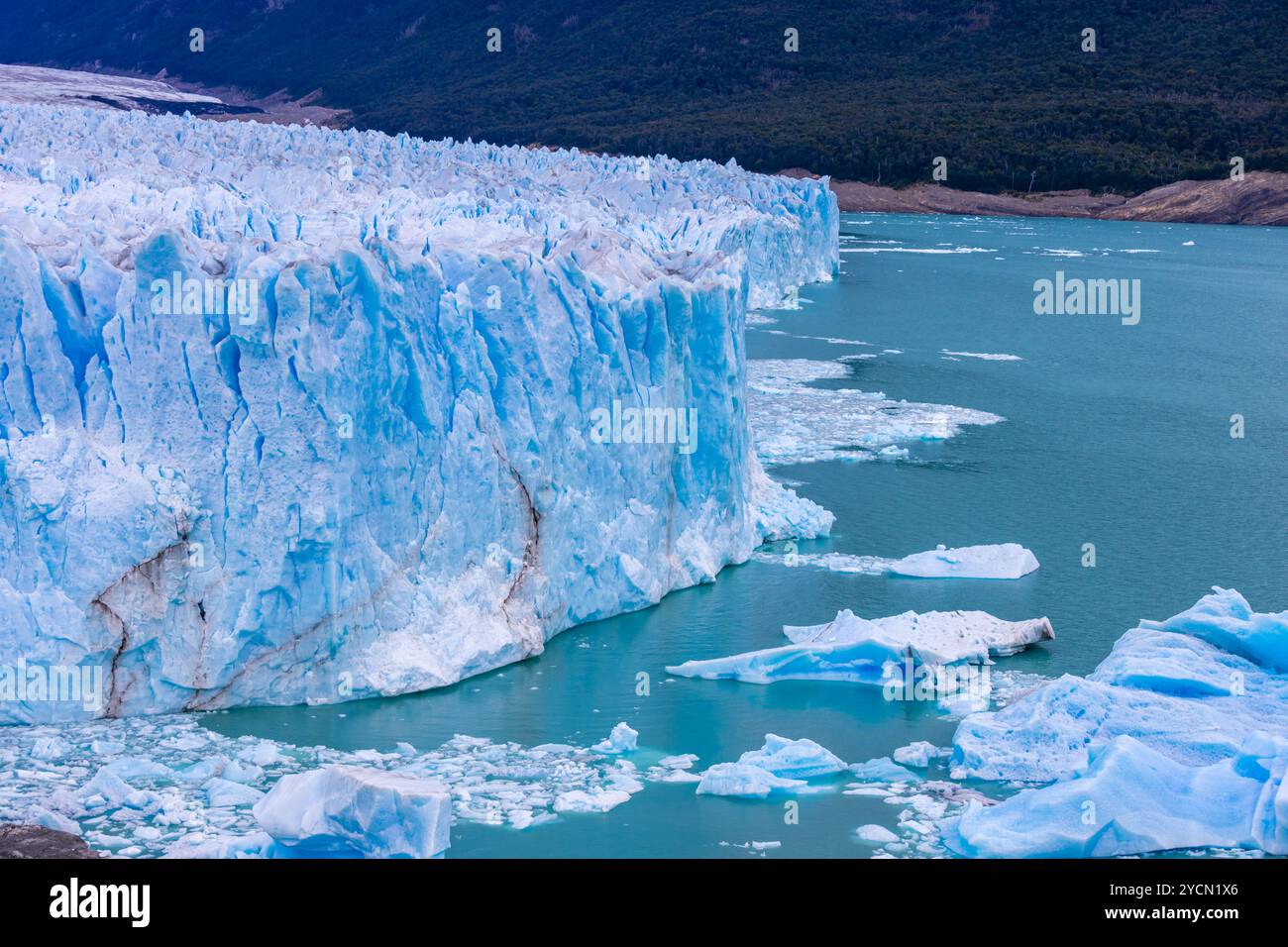 Galcier icebergs floating in the lake. Blue ice walls of the huge ...