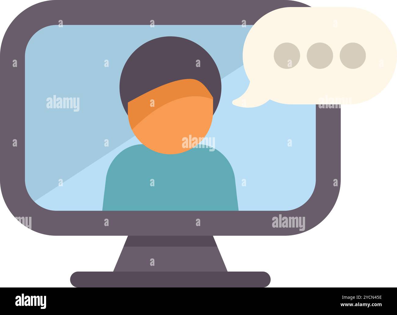 Person is video calling on a desktop computer with a speech bubble, depicting online ...