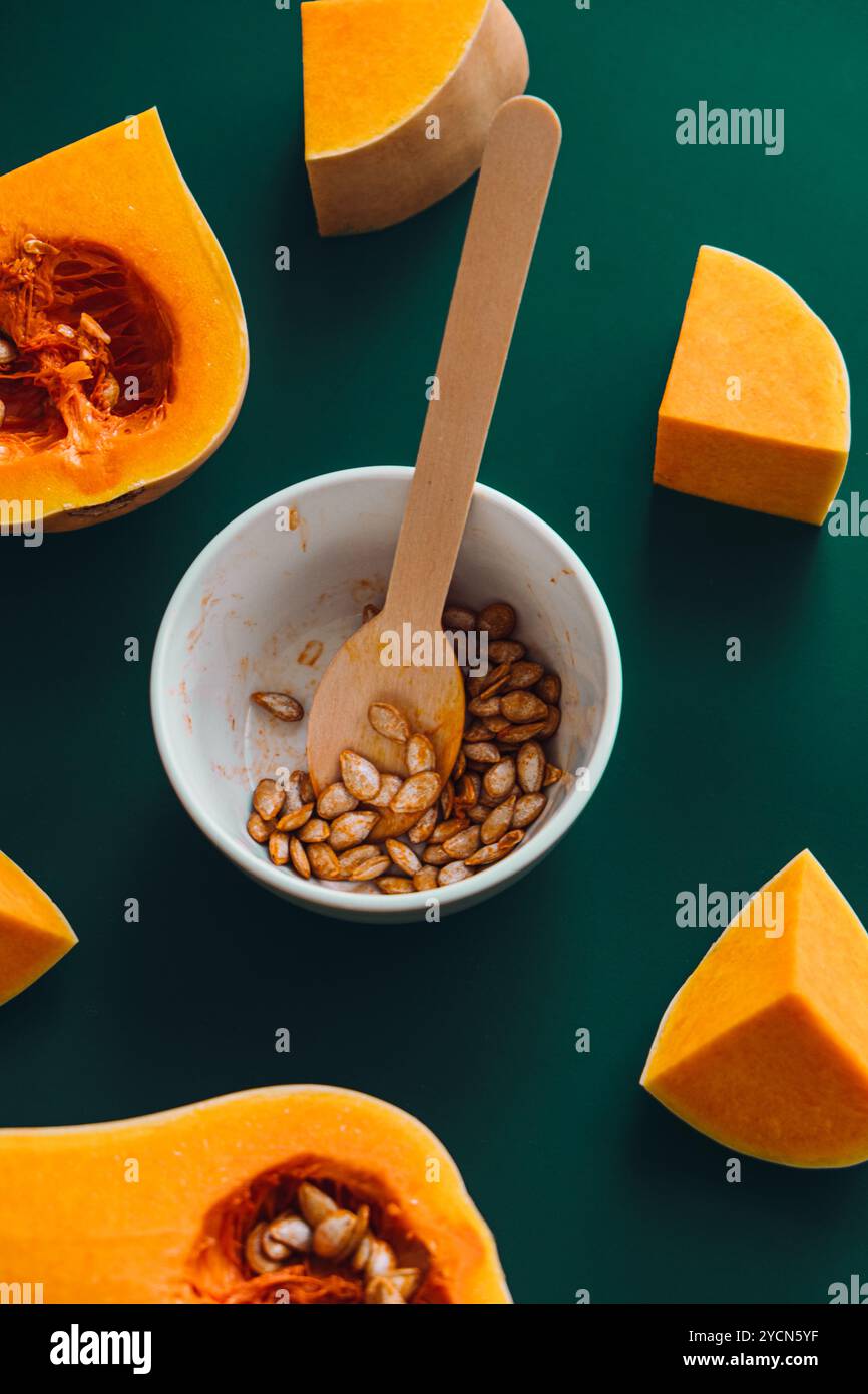 Sustainable Food Practices. Top view of roasted butternut squash seeds ...