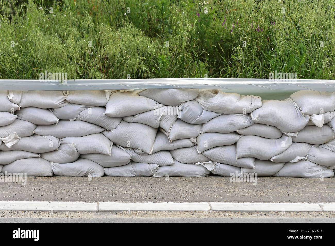 Wall of sand bags and tarp for floods protection hi-res stock ...