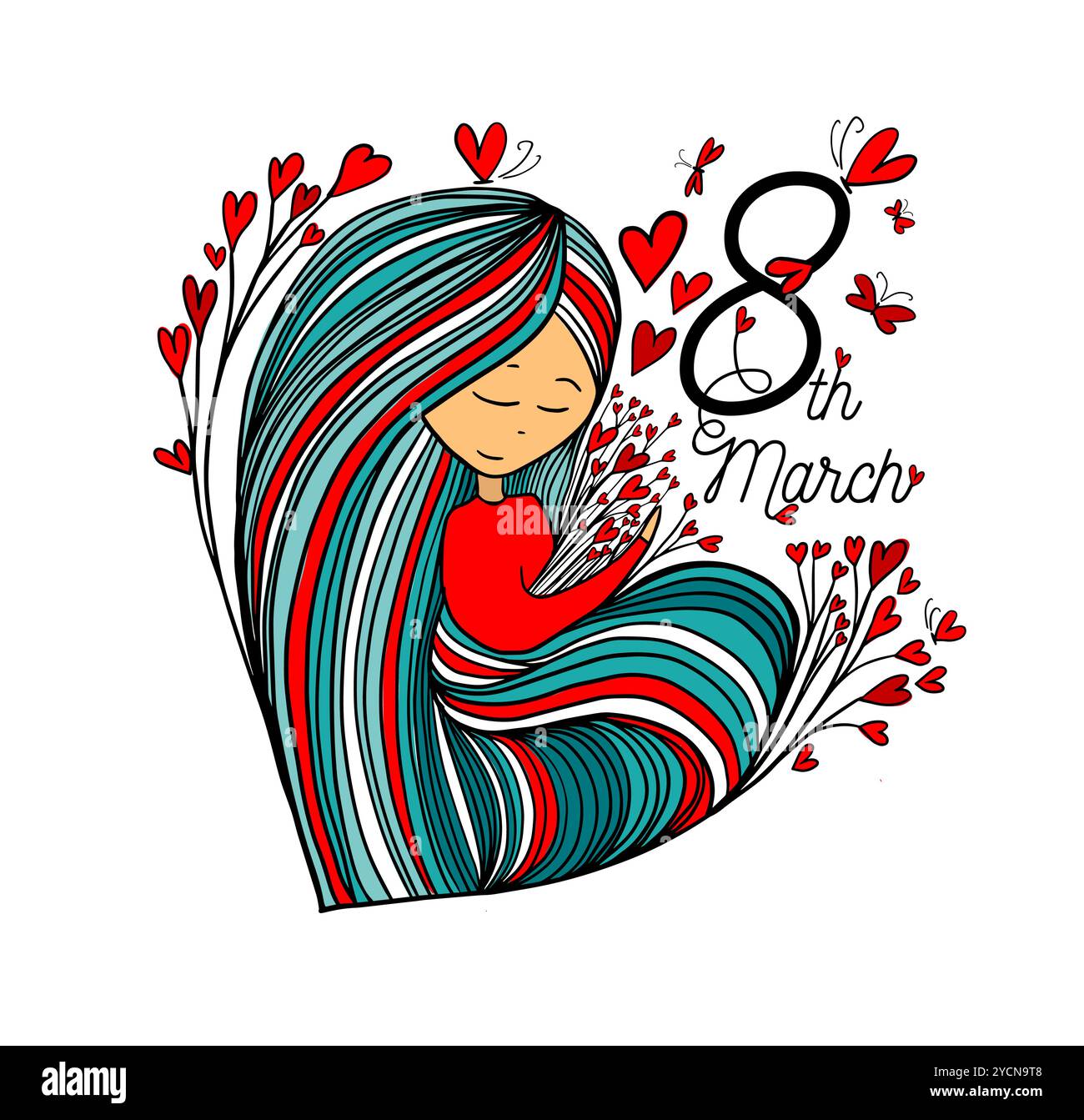 Happy March 8th. Girl with hearts. hand drawn. Not AI, Vector ...