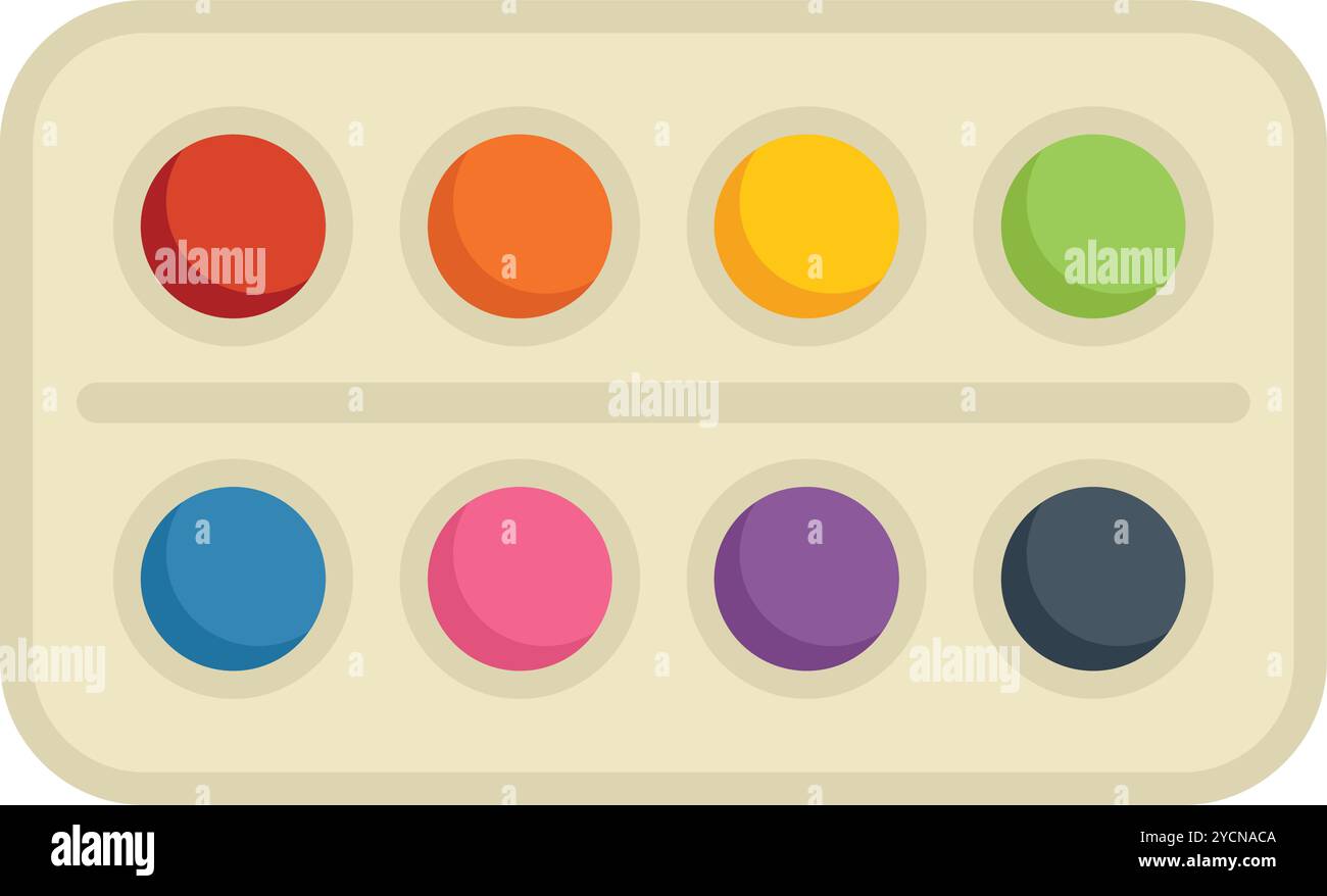 Watercolor palette is open, showing eight vibrant colors ready to be ...