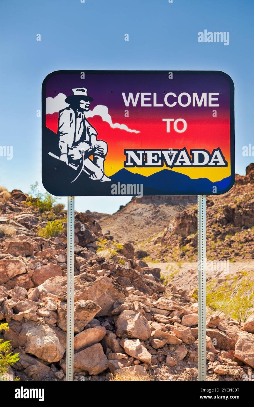The "Welcome to Nevada" sign featuring a miner stands in Boulder City ...