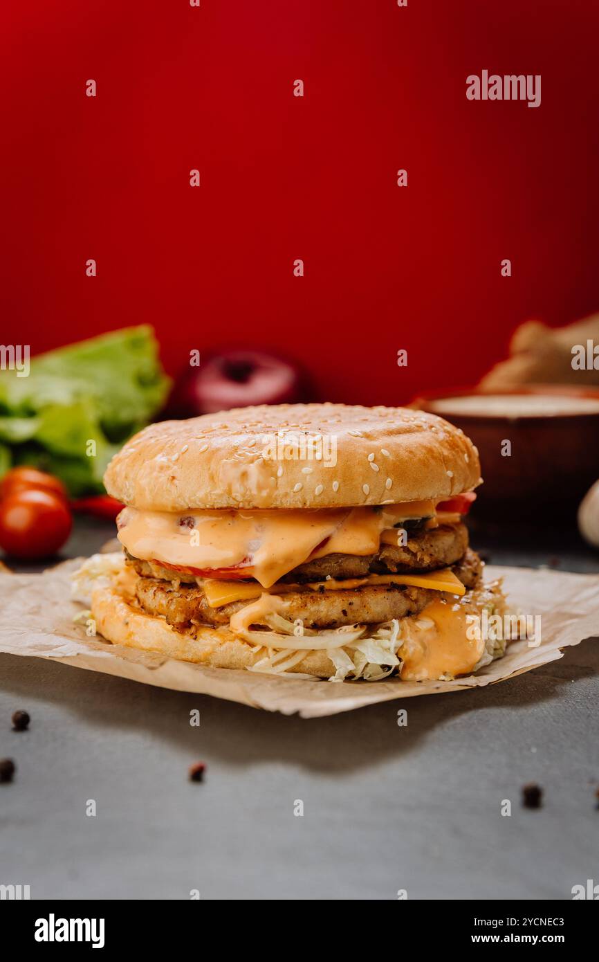 Double-layered chicken burger with melted cheese and fresh toppings ...