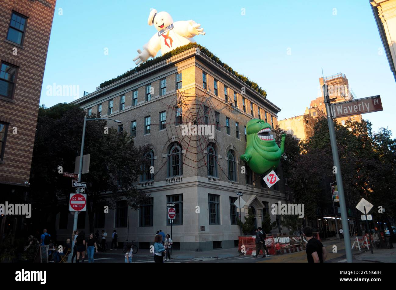 Decorations from the film, Ghostbusters, are seen on a building in ...