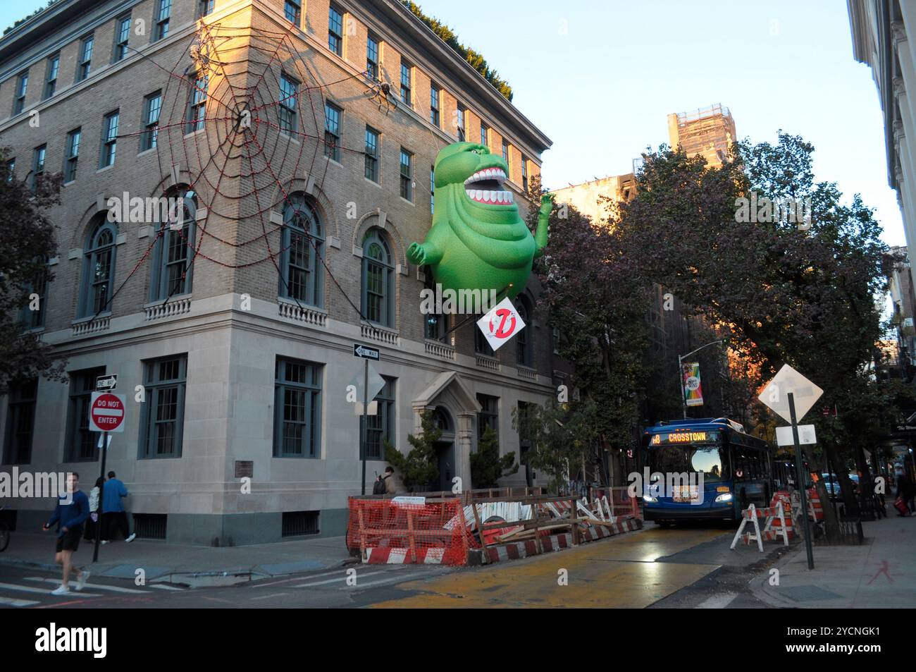 Decorations from the film, Ghostbusters, are seen on a building in ...