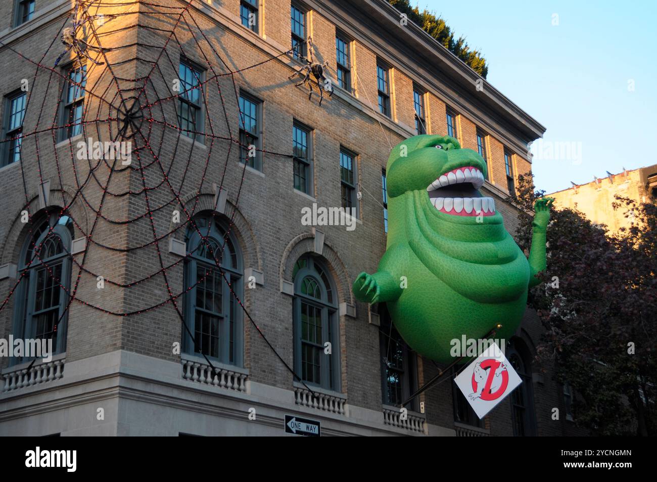 Decorations from the film, Ghostbusters, are seen on a building in ...