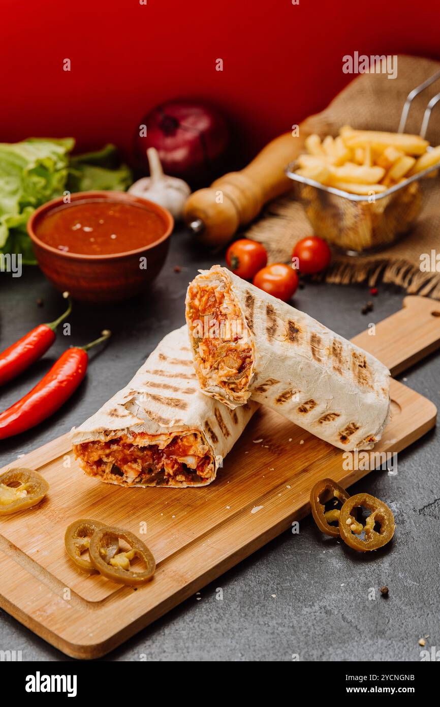 Grilled wrap filled with sausage, corn, and melted cheese. Hearty meal ...