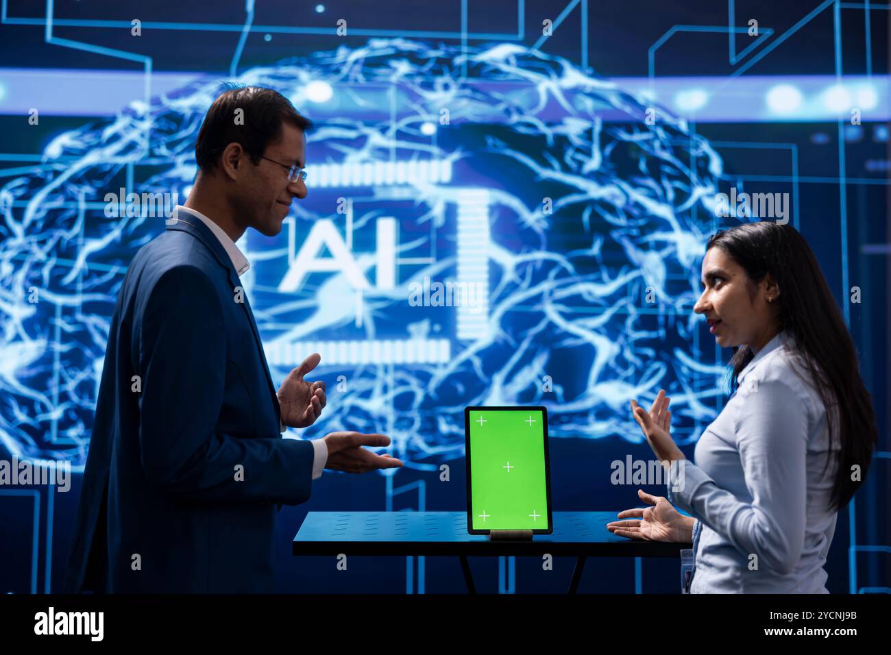 Engineers In High Tech Facility Use Ai Machine Learning On Mockup Tablet Experts In Modern