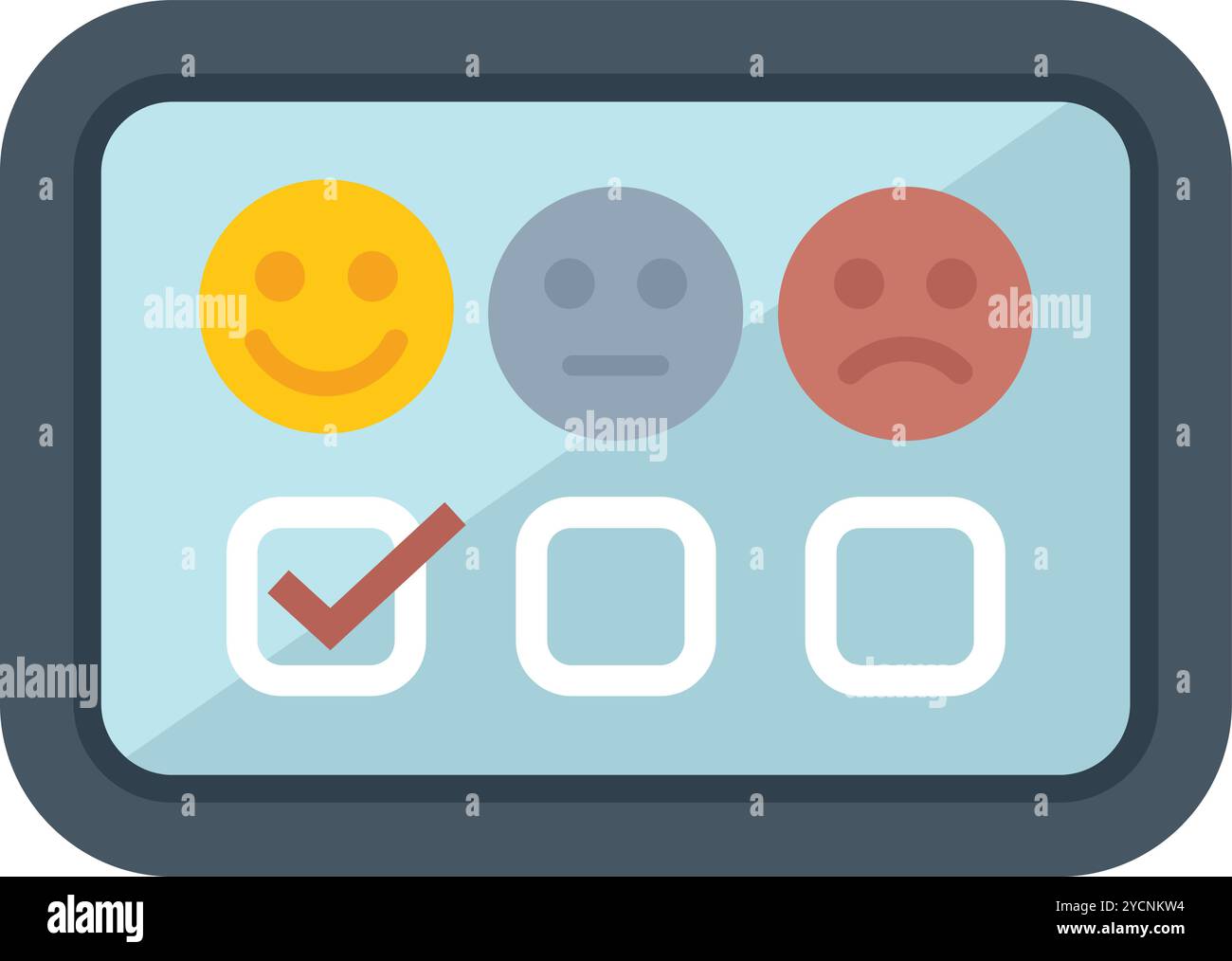 Tablet is showing a customer satisfaction survey with three possible ...
