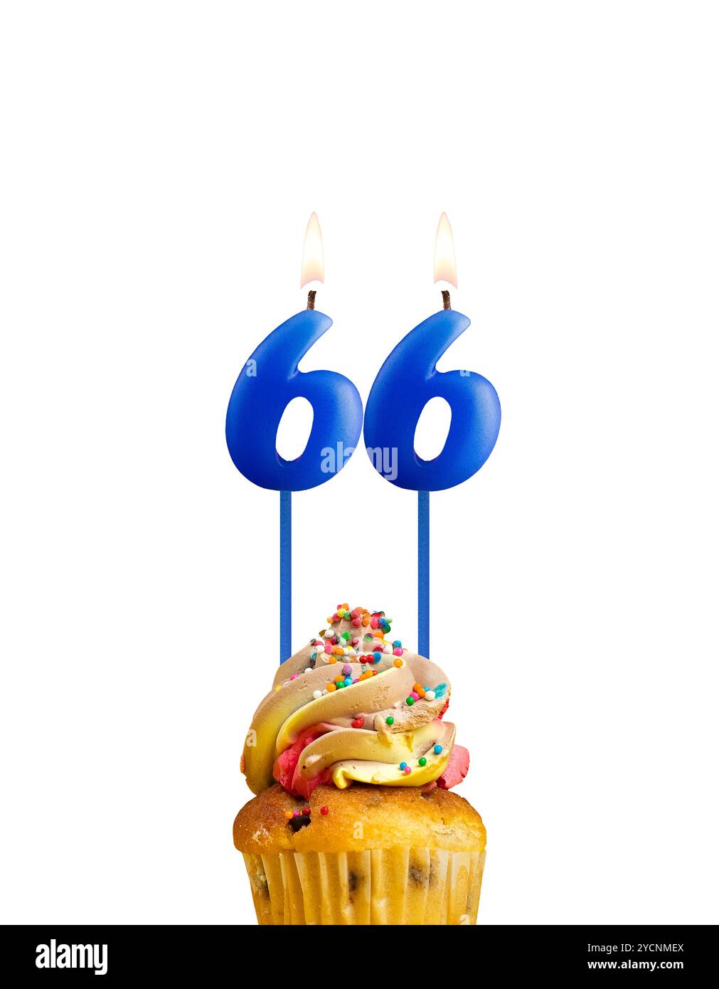 Candle in shape of the number 66 - Blue birthday on a white background ...