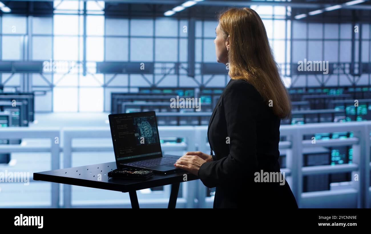 Admin In Data Center Works With Artificial Intelligence Computerized Model Simulating Human