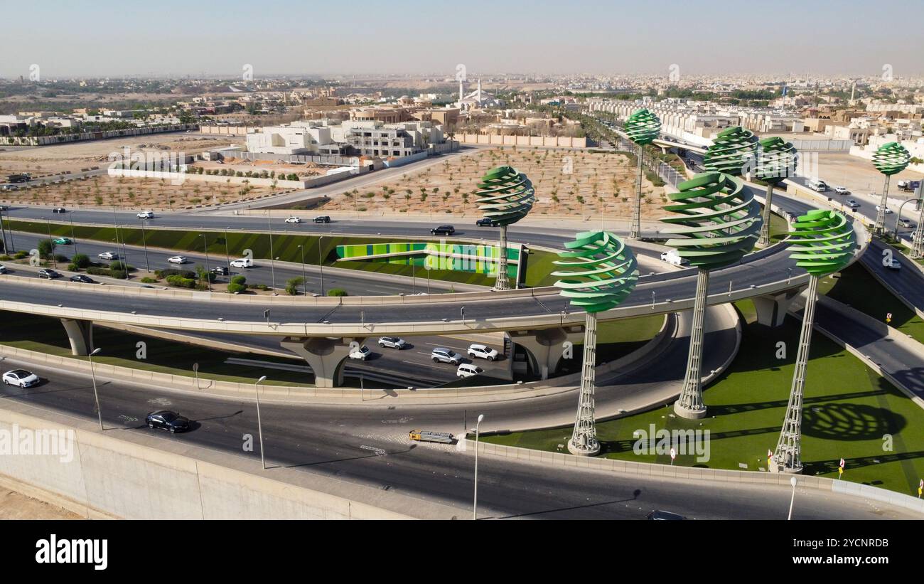 Riyadh City Saudi Arabia , Drone view of busy motorway The Green Field ...