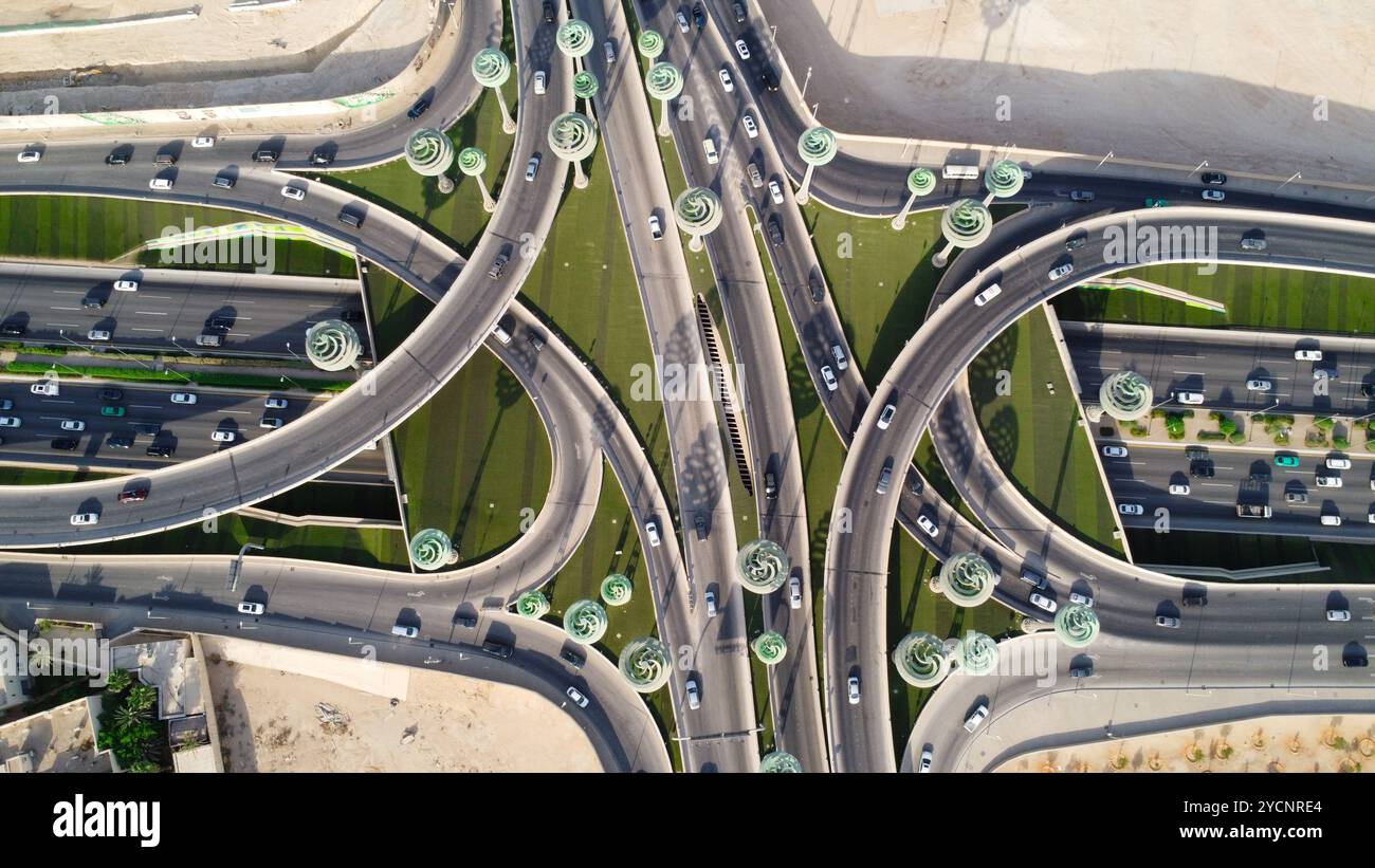 Riyadh City Saudi Arabia , Drone view of busy motorway The Green Field ...