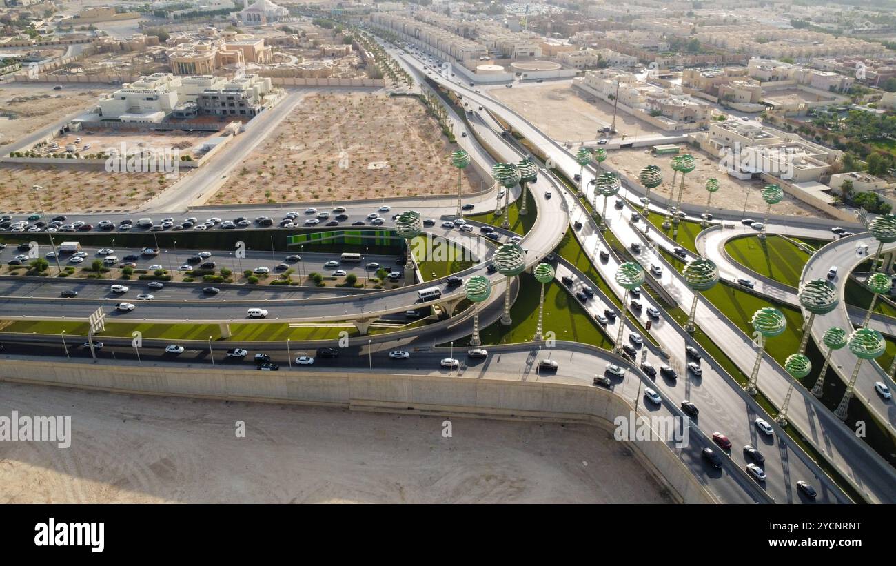 Riyadh City Saudi Arabia , Drone view of busy motorway The Green Field ...