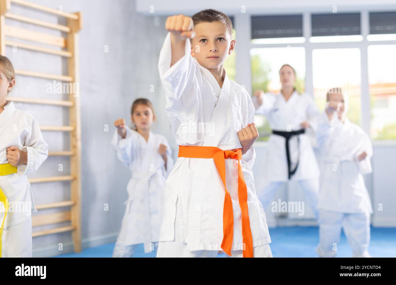 Children in kimono standing in fight stance during group karate ...